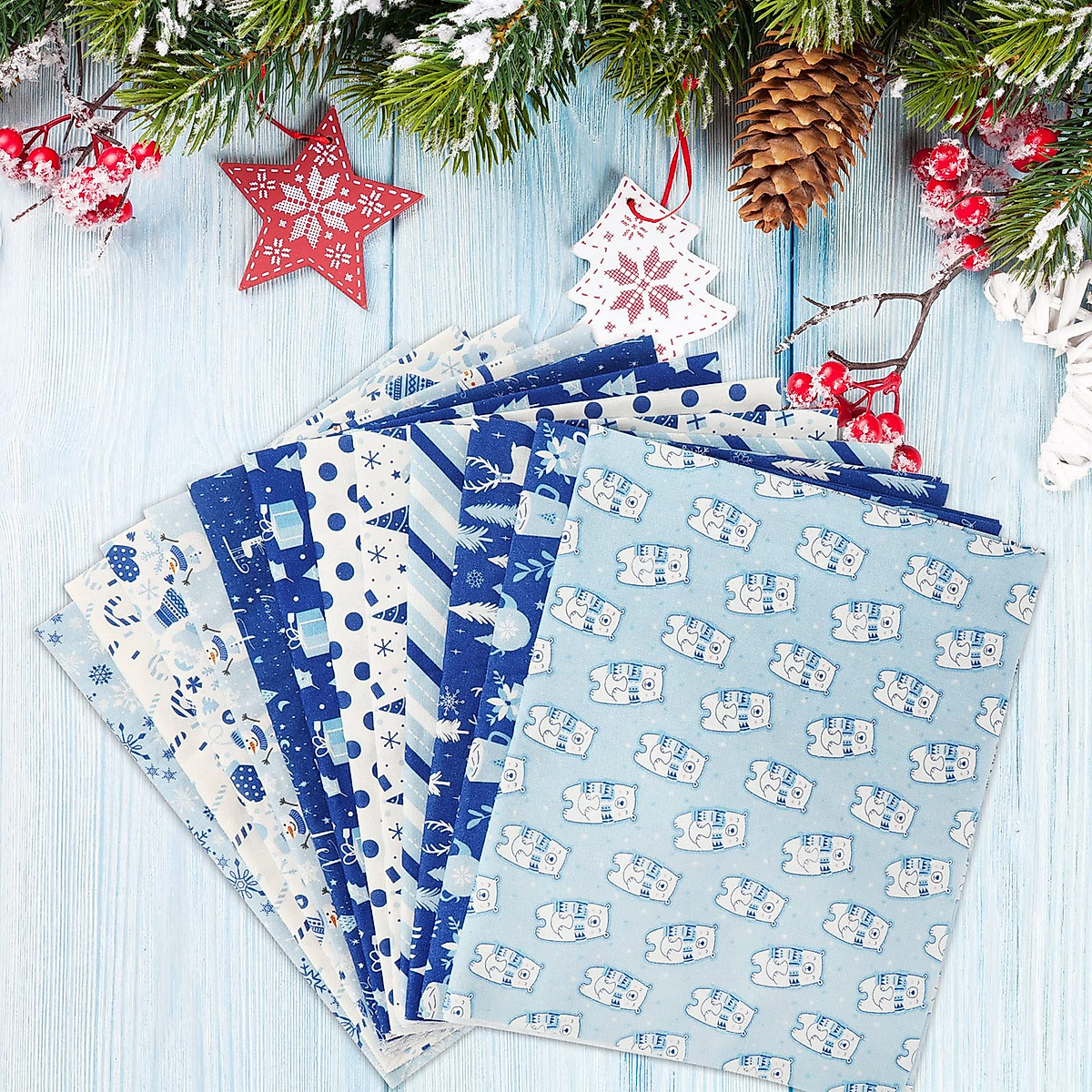 Whaline 12Pcs 18" x 22" Christmas Fat Quarter Fabric Bundles Winter Blue White Snowflake Reindeer Printed Quilting Patchwork Cotton Craft Fabric Pre-Cut Square Sheets for DIY Patchwork Sewing Crafting