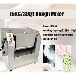 BREVELTION 30QT/15KG Commercial Mixer Electric Stand Dough Mixer 1500W Stainless Steel Flour Kneading Mixing Machine, Vegetable Meat Blender with 90° Tilt Bowl Kitchen Supply With a Dough Cutter