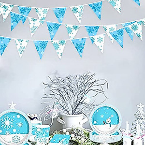 32Ft Blue and White Snowflakes Banner Triangle Flag Pennant Bunting Fabric Garland Streamers for Winter Wonderland Christmas Frozen Birthday X-mas New Years Party Festivals Hanging Decorations