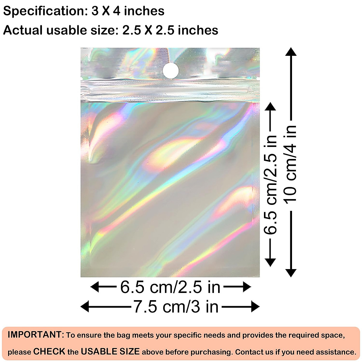 EgticLive 100 Pack Resealable Holographic Bags for Small Business, 3 x 4", Iridescent Mylar Bags with Clear Front Ziplock Foil Packing Pouch Bags for Multipurpose Storage (3 X 4 inches)