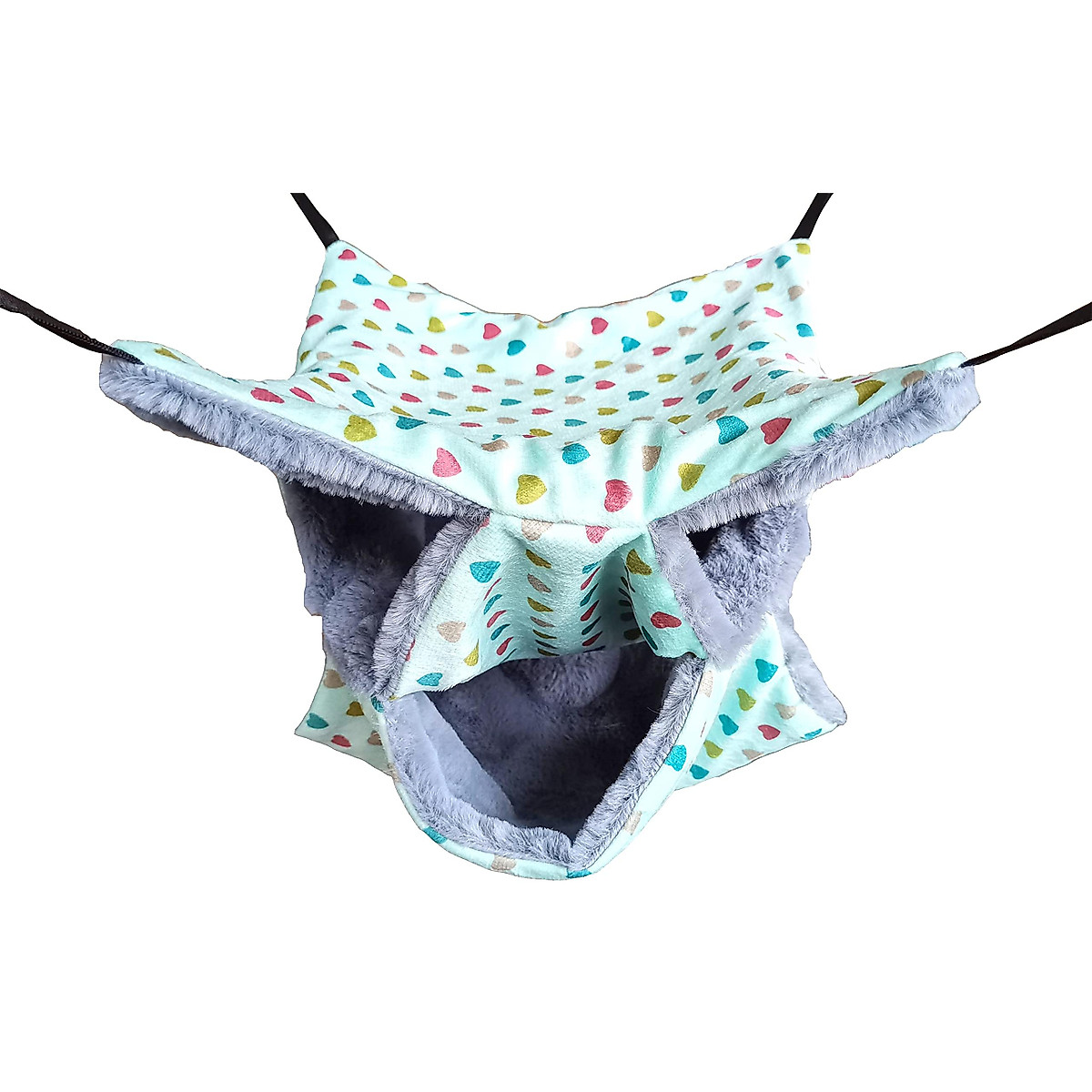 WOWOWMEOW Small Animals Plush Hammock Rat Ferret Triple Bunkbed Hammocks Cage Hanging Warm Hideout for Sugar Glider Squirrel (Medium, Hearts-Mint)