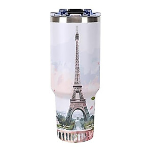 40 Oz Vacuum Tumbler with White Handle Leakproof Insulated Tumbler Paris Eiffel Tower with Flowers Stainless Steel Travel Mug with Lid And Straw Coffee Cup Cute Water Bottles Cup Holder Friendly