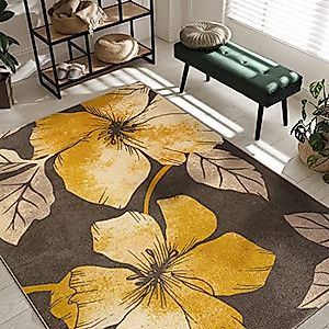 CAMILSON Solana Modern Floral 7'10" x 10'3" Area Rugs Non-Skid (Non-Slip) Rubber Backing Yellow - Brown Flowers Indoor Rug (8x10, Yellow Brown)