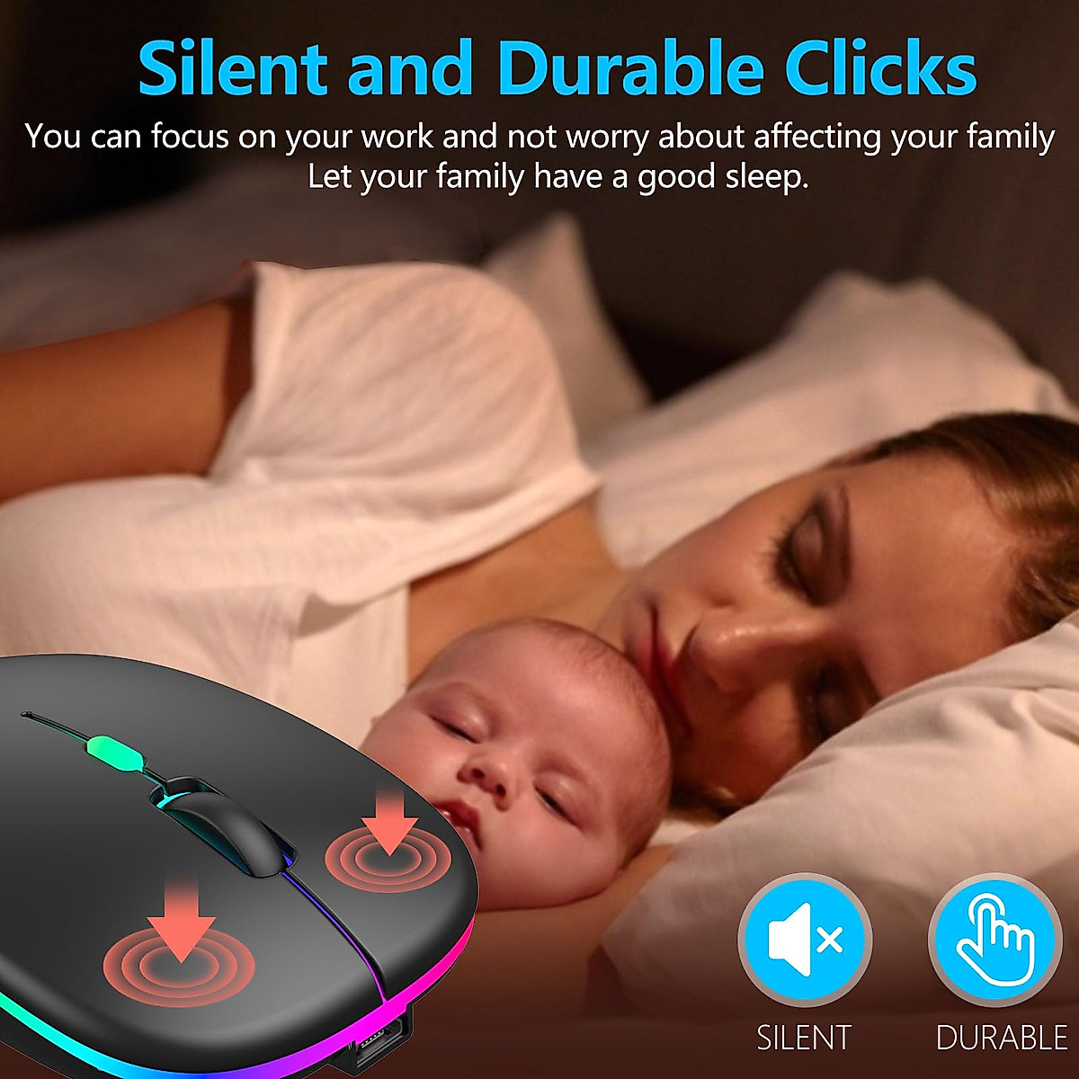 aMZCaSE LED Wireless Mouse, Rechargeable Slim Silent Mice 2.4G Portable Office Optical Mouse with USB Receiver and Type-C Adapter, 3 Adjustable DPI for Laptop, Computer, PC, Notebook, Desktop (Black)