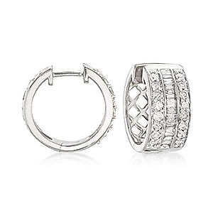 Ross-Simons 1.00 ct. t.w. Baguette and Round Diamond Hoop Earrings in Sterling Silver