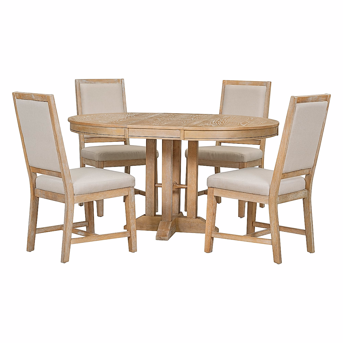 LUMISOL Extendable Round Dining Table Set with Chairs for 4-6 Persons Solid Wood 5 Piece Kitchen Dining Room Table Set for Saving Space, Natural Wood Wash