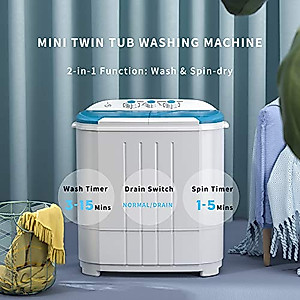 Auertech Portable Washing Machine, 14lbs Mini Twin Tub Washer Compact Laundry Machine with Built-in Gravity Drain Time Control, Semi-automatic 9lbs Washer 5lbs Spinner for Dorms, Apartments, RVs
