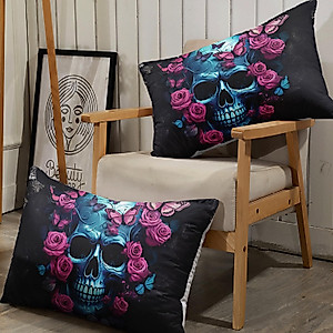 AILONEN 3D Skull Fitted Sheet Set Twin XL Size, Oil Ren Rose with Skeleton Design Bed Sheet Set for Boys Girls Teens,Gothic Skull with Butterfly Bedding Set,1 Fitted Sheet and 2 Pillow Case,3 Pieces