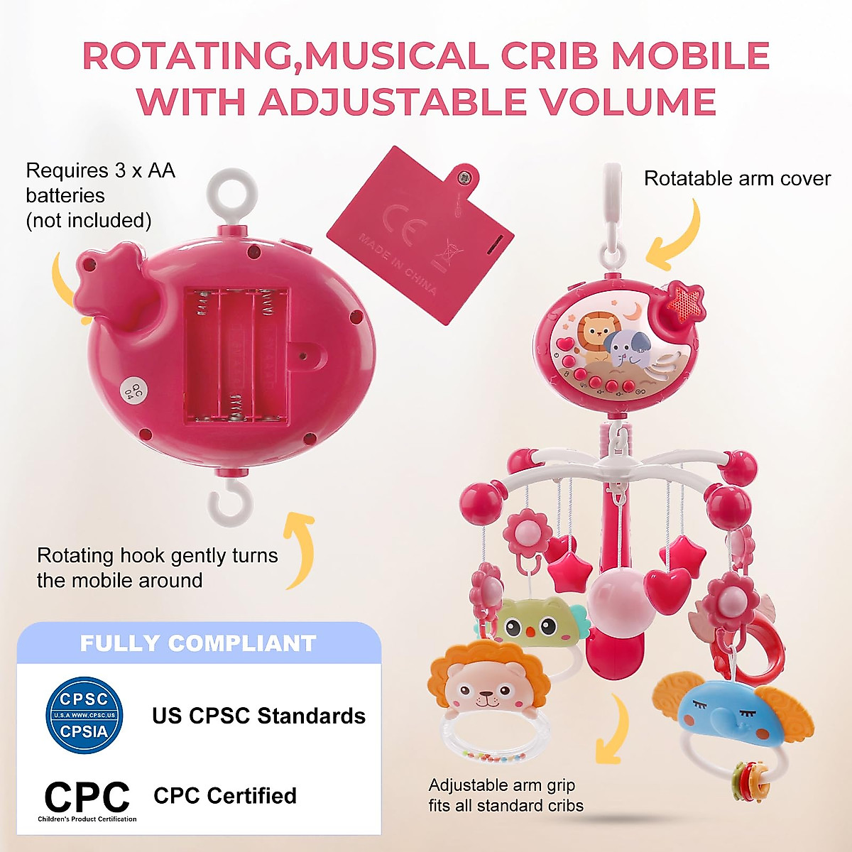 YUNGCHI Baby Mobile for Crib with Crib Toys Music and Lights for Pack and Paly Crib Musical Carousel Mobile Baby Mobile for Girls and Boys Portable Mobile for Baby Bassinet Toys Hanging - Red