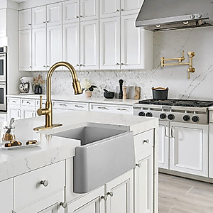 Brushed Gold Kitchen Faucet with Pull Down Sprayer, Lava Odoro Single Handle Gold Kitchen Sink Faucet, Brushed Brass Faucet for Kitchen Sink 1 Hole and 3 Hole, Deck Plate Included, KF421-SG