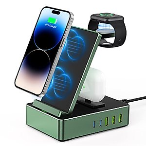 Charging Station for Multiple Devices Apple,Wireless Charger for Iphone 15/14/13/12 Series,Apple Watch Series,Airpods Pro,with 5 USB Ports Multi Charger Station 100w Aluminum Alloy Charger Station