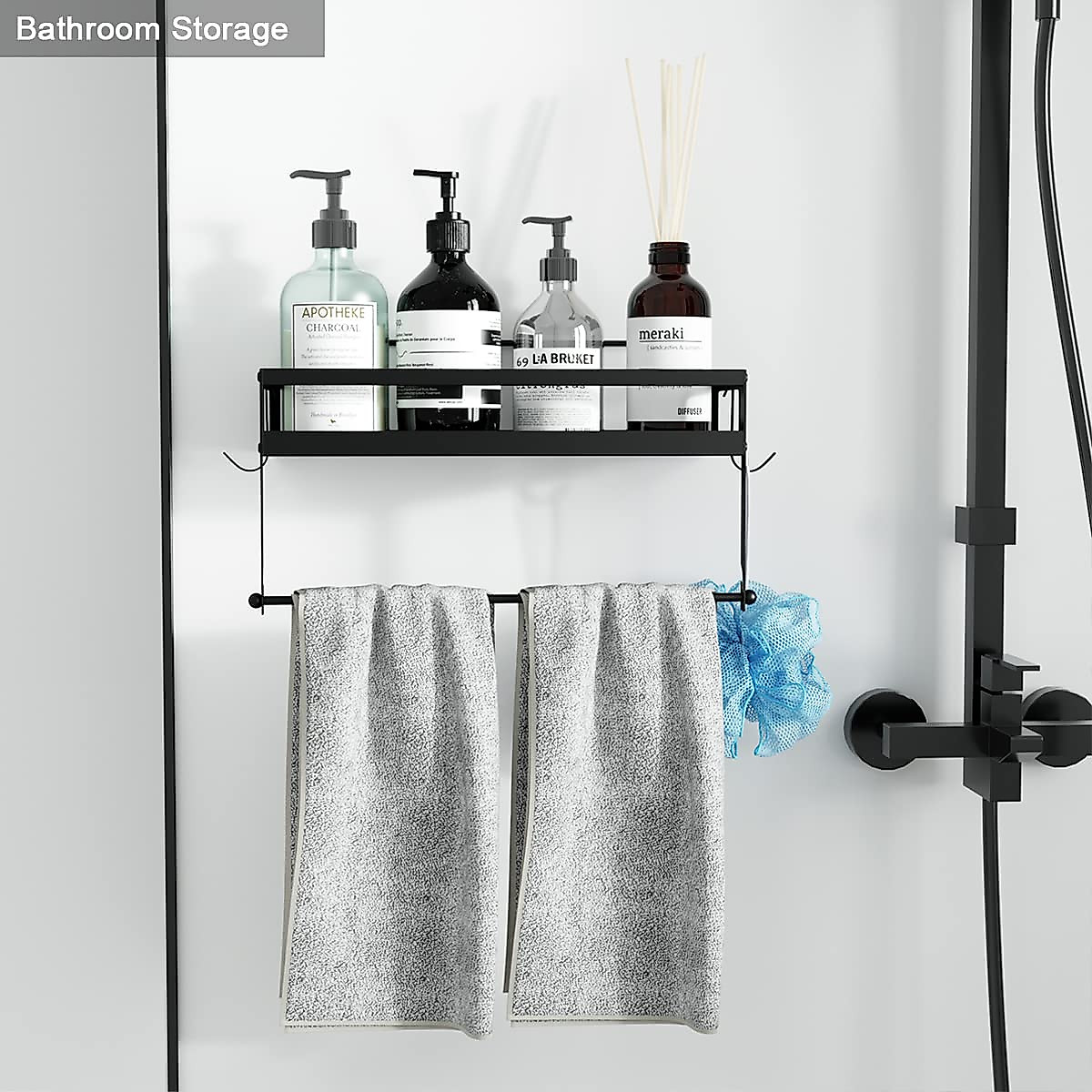 ESOW Paper Towel Holder with Shelf Storage, 2-in-1 Wall Mounted Paper Towel Roll Rack Basket for Kitchen, Balcony & Bathroom, Self-Adhesive or Drilling Installation, SUS304 Matte Black Finish