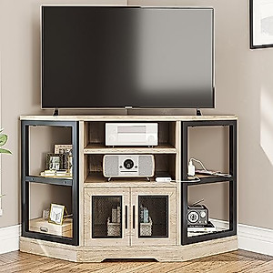 YITAHOME 50 Inches Corner TV Stand w/Power Outlet, Entertainment Center TV Media Console Table with 6 Open Storage Shelve for Living Room, Bedroom, Industrial Corner TV Stand, 47 inches White Oak