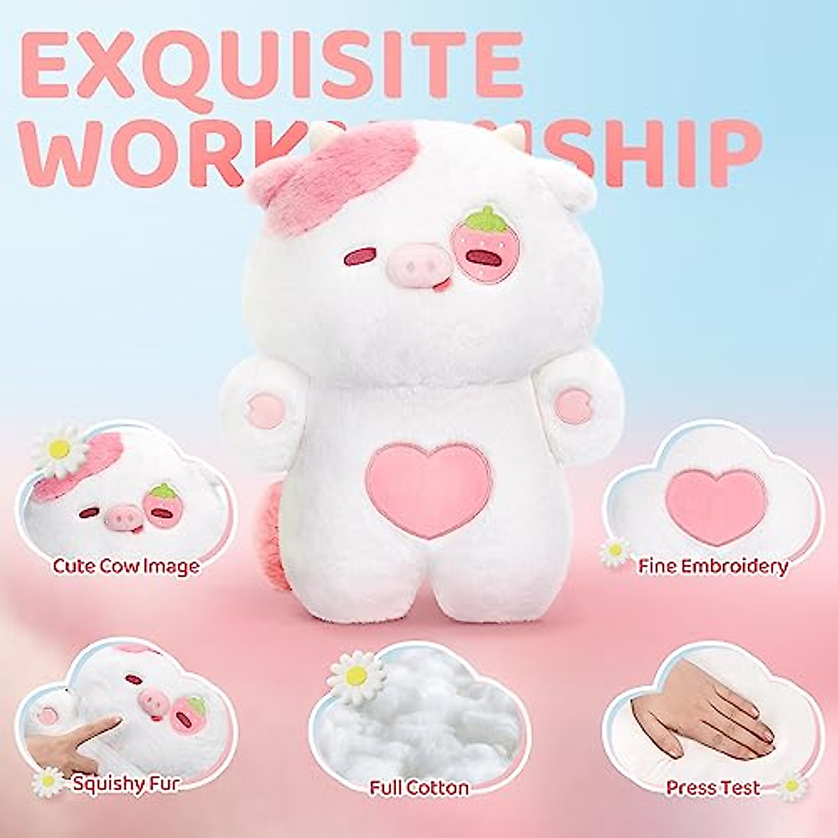 Mewaii Strawberry Cow Plush Toys, Kawaii Cow Stuffed Animals Squishy Doll, Cute Cow Plushie Pillow, Home Decor Plush Throw Pillow Gifts for Kids (18 Inches)