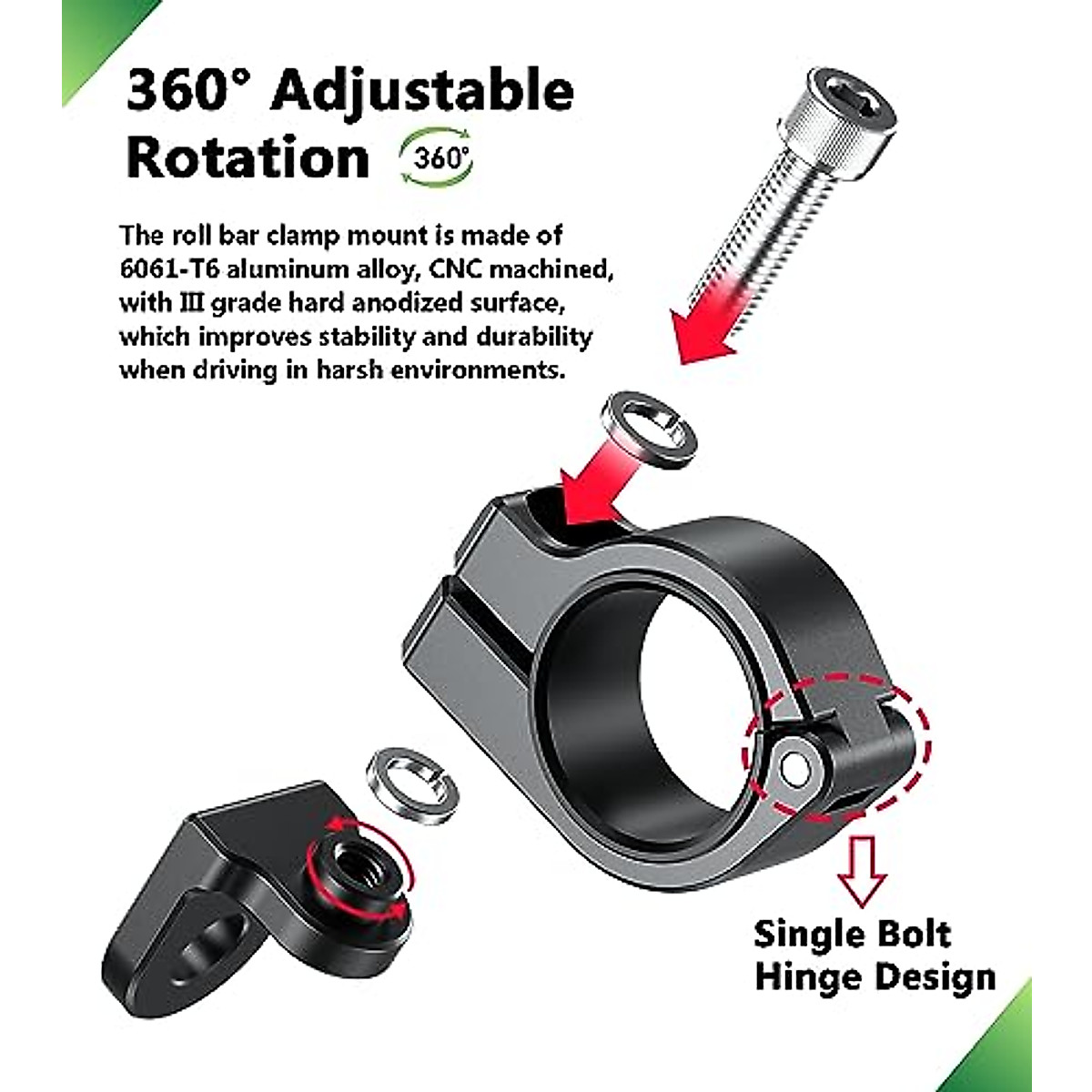 ATV Whip Light Mount, Sturdy Aluminum Alloy Whip Flag Mount, 360° Rotating Adjustable Light Bar Mount for ATV Motorcycle 0.75"/0.875"/1"/1.125"/1.26"/1.375" Tubular Bars and Handlebars (1 pc Black)