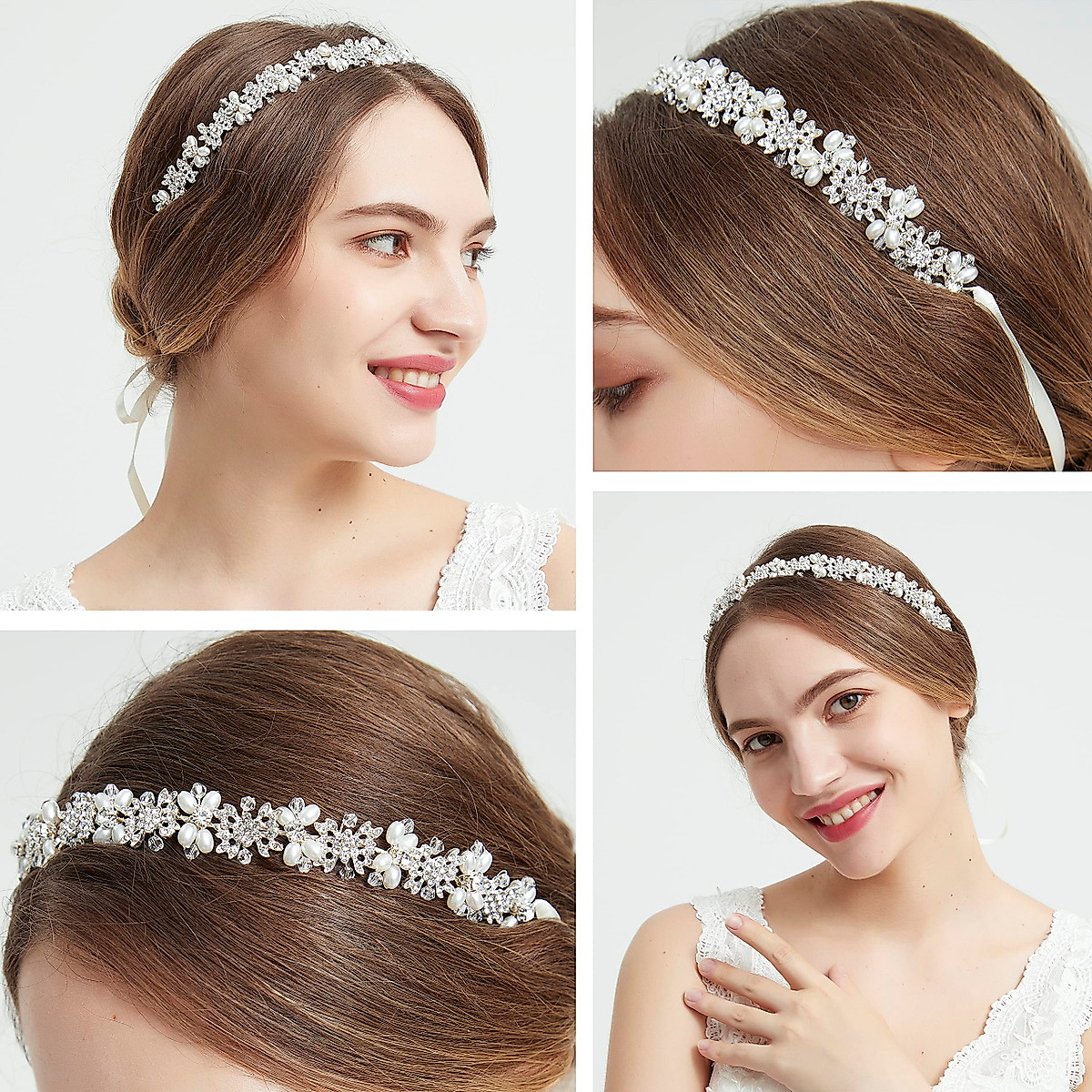 Oriamour Bridal Headpiece Flower Design Wedding Headband Bridal Hair Accessories (Silver)