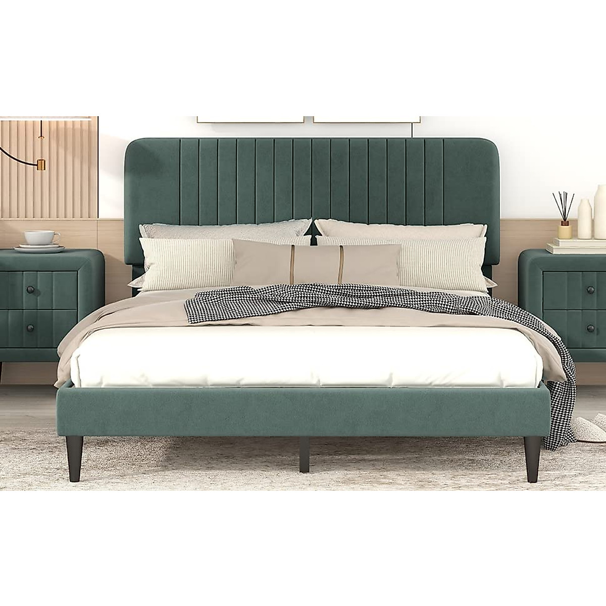 OPTOUGH Queen Upholstered Platform Bed with Headboard, Velvet Queen Size Bed Frame with Wooden Slats/Noise-Free/No Box Spring Needed, Green