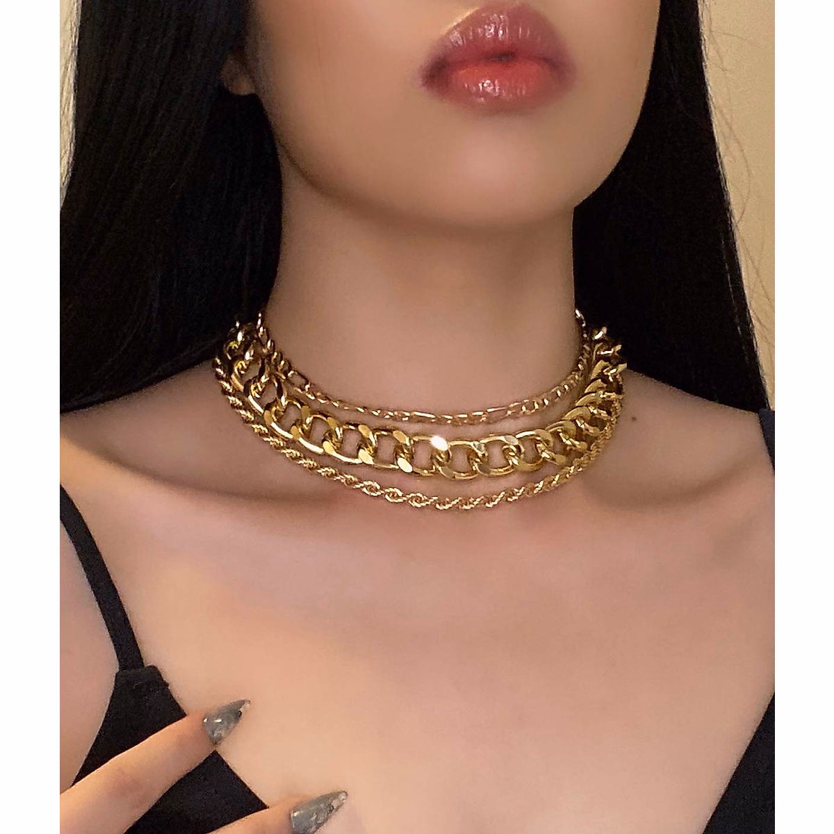 Aimimier 3Pcs Punk Cuban Link Chain Choker Necklace Twist Rope Necklace Chunky Figaro Chain Prom Party Festival Jewelry for Women and Girls (Gold)