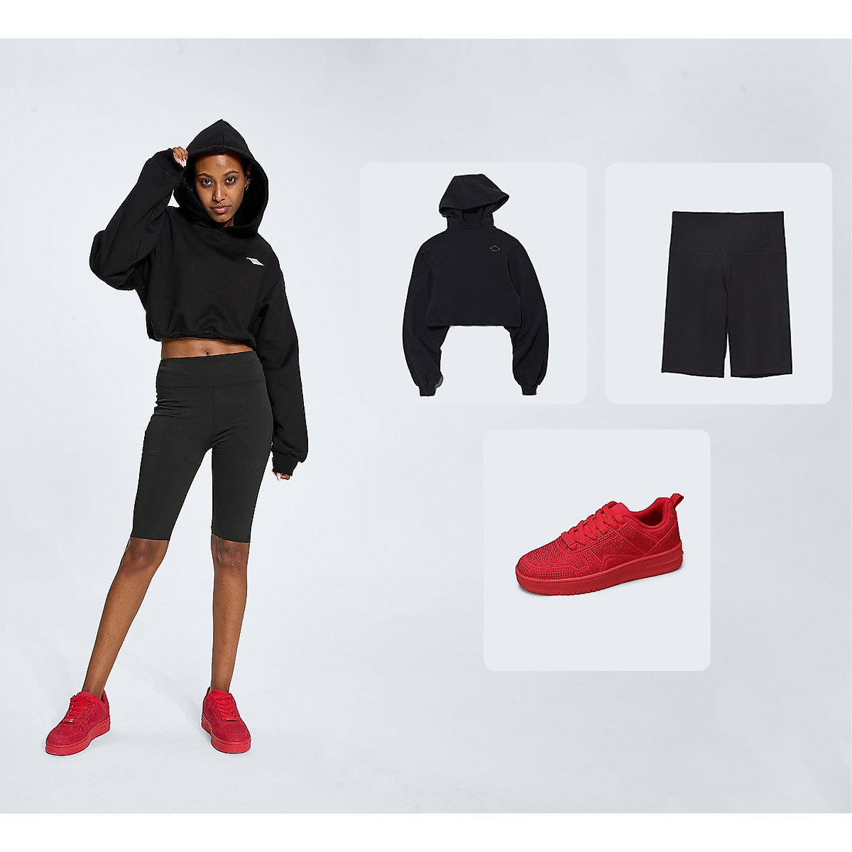 LUCKY STEP Women Fashion Sparkle Rhinestone Sneakers White Leather Low Top Tennis Shoes Lace Up Casual Comfortable Walking Shoe(Red Rhinestone,10B(M) US)