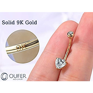 OUFER 14G Belly Rings, 9K Solid Gold Belly Button Rings, Heart Navel Rings, Internally Threaded Long Belly Piercing Jewelry for Women and Men-12MM