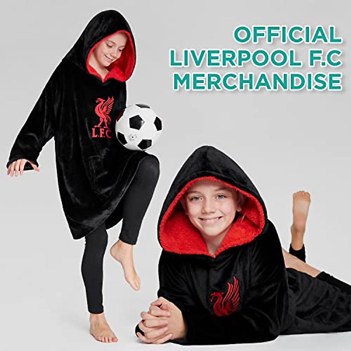 Liverpool FC Fleece Hoodie Blanket for Boys Teenagers One Size Kids Oversized Hoodie Liverpool Gifts for Boys (Black)