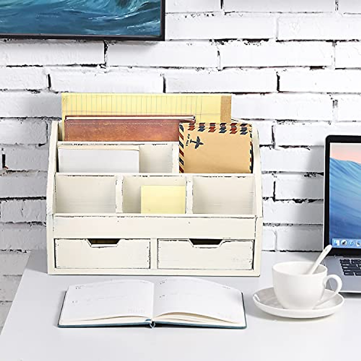 MyGift White Wood Desktop Organizer - Includes 6 Compartments and 2 Pullout Drawers to Organize Office Supplies and Accessories