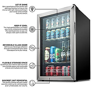 Ivation 126 Can Beverage Refrigerator | Freestanding Ultra Cool Mini Drink Fridge | Beer, Cocktails, Soda, Juice Cooler for Home & Office | Reversible Glass Door & Adjustable Shelving, Stainless Steel