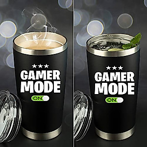 Gamer Gifts for Men - Gamer Mode ON - Stainless Steel Tumbler for Coffee/Cold Drinks w Lid and 2 Straws | Gift Idea Gamer Cup For Valentines Day Fathers Day - Video Gamer Mug Boys (20 Ounce Black)