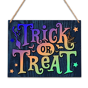 Trick Or Treat Wooden Hanging Sign - Halloween Witches Welcome Wall Decor - Pumpkin Wood Front Door Sign for Home Farmhouse Office Porch - Wood Plaque Halloween Gifts (8'' x 10") -05