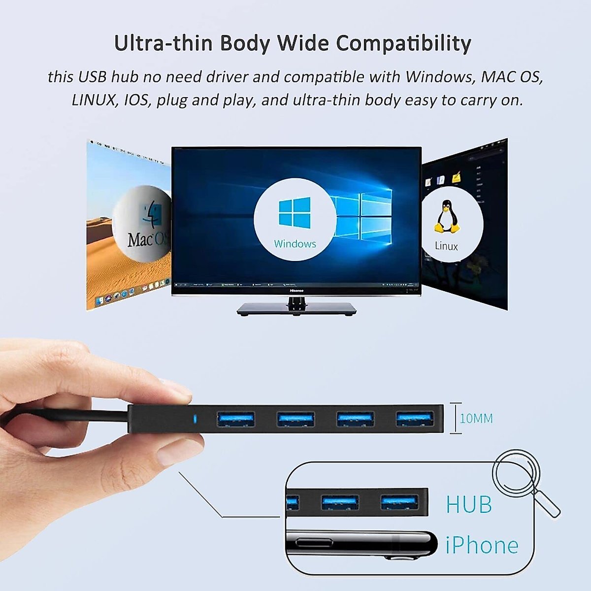 USB Hub, AKWOR 4-Port USB 3.0 Hub USB Splitter USB Expander for Laptop, Xbox, Flash Drive, HDD, Console, Printer, Camera,Keyborad, Mouse-3.3FT