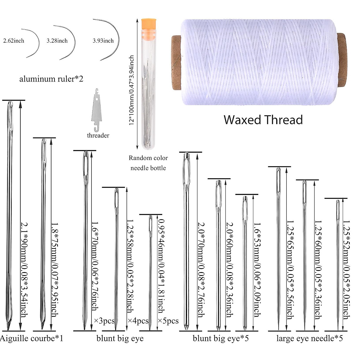 Leather Sewing Waxed Thread，Waxed Thread Cord 273 Yards，Wax String Set with 50 PCS Hand Sewing Needles，Flat Wax Thread for Book Binding,Leather DIY Project （OriginalWhite）