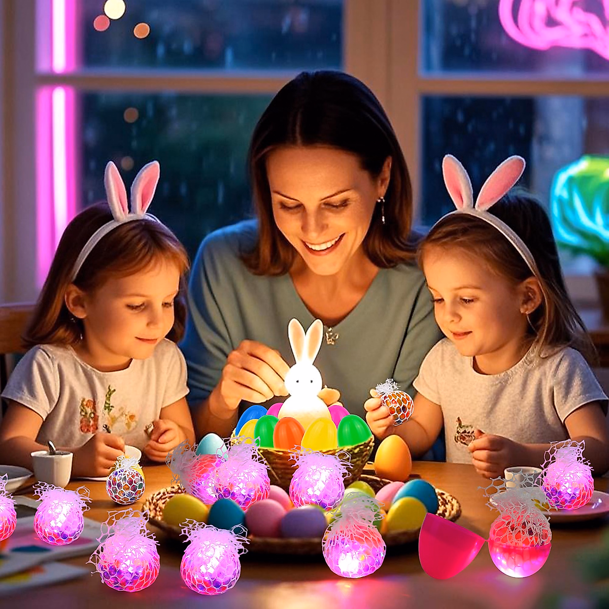 12 Pack Easter Eggs Filled with LED Stress Balls Fidget Toys, Easter Eggs Fillers Light Up Squishies Squeeze Ball Sensory Toys Easter Hunts Party Favors Easter Basket Stuffers for Kids Boys Girls