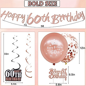 WOJOGO 60th Birthday Decorations Women, Rose Gold & Black Happy 60th Birthday Decorations Kit, Happy 60th Birthday Banner Hanging Swirls Birthday Cake Topper Balloons for Party Supplies