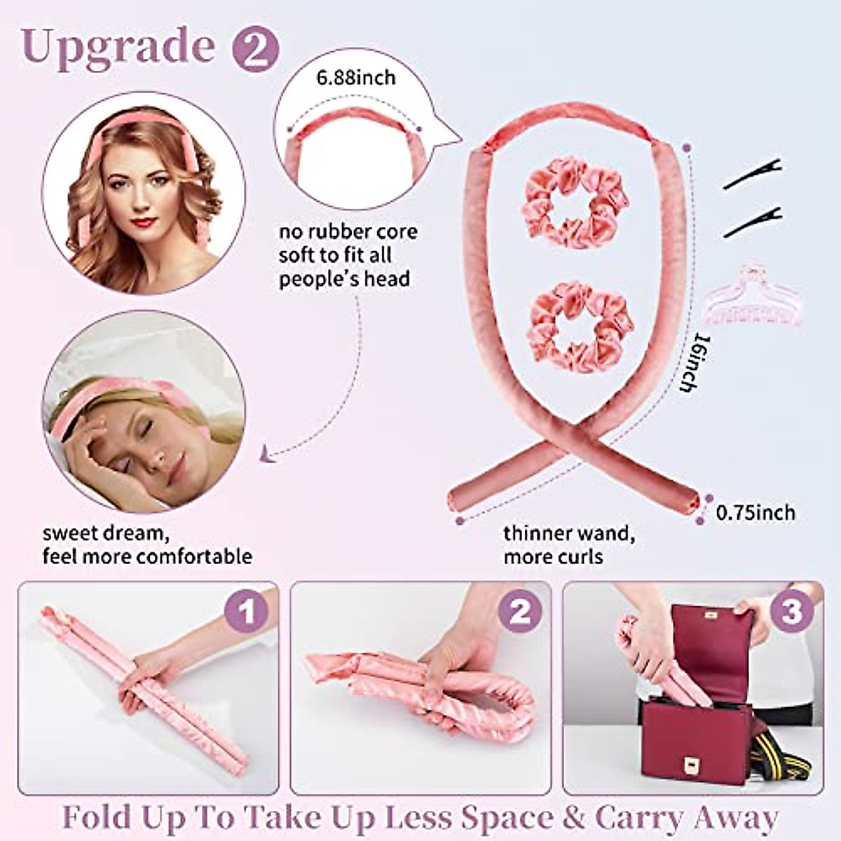 Heatless-Hair-Curler, Upgraded Segmented Design No Heat Silk Curls Headband for More Comfortable Sleep Overnight, Silk Curling Ribbon for Hair with Rubber Bands and Clips (Pink)