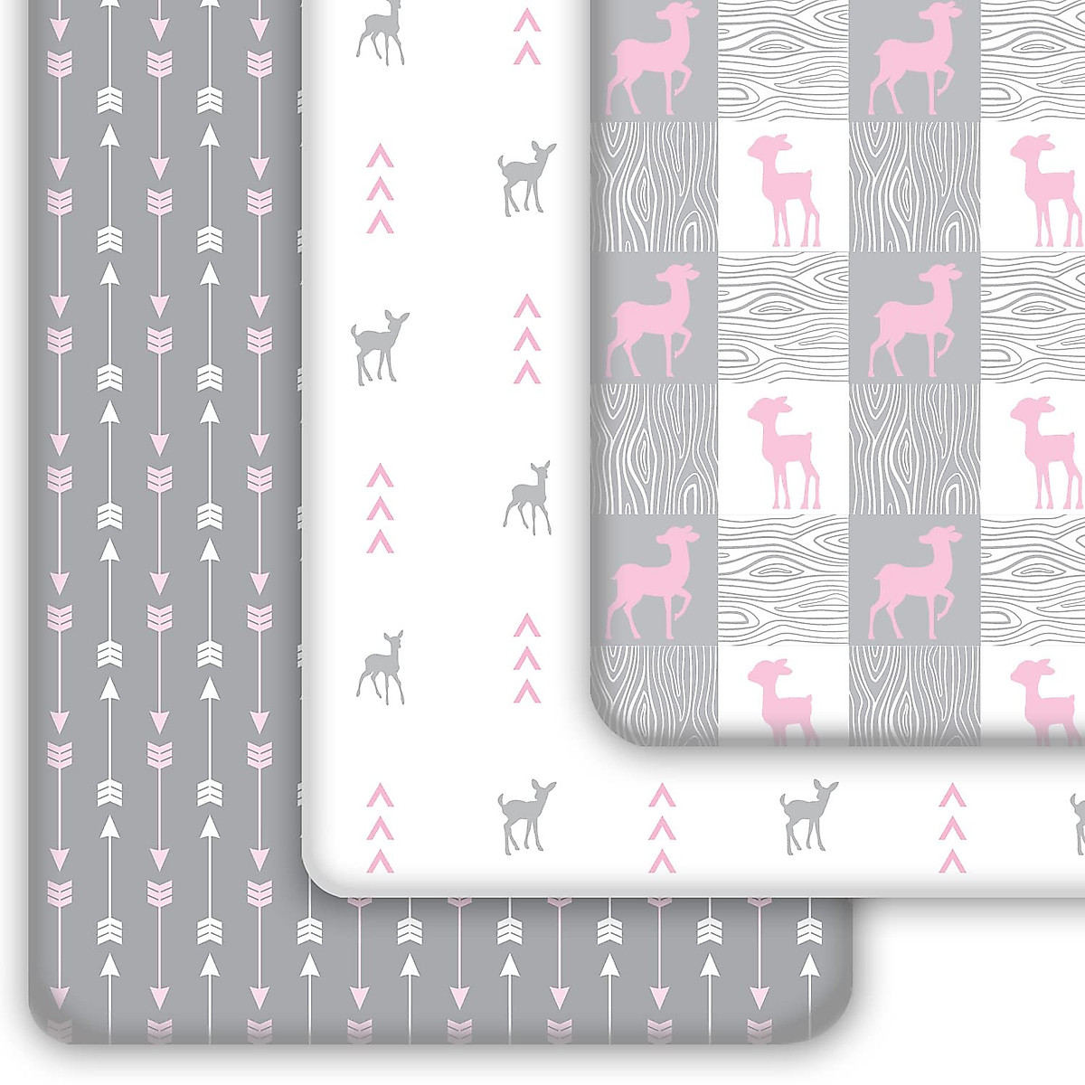 GROW WILD Pack n Play Sheets 3-Pack | Baby Mini Crib Sheets for Girls | Soft Pack and Play Mattress and Crib Bedding Set | Playard Jersey Cotton Fitted Crib Sheets | White Grey Pink Deer and Arrows