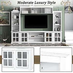 ZSQ TV Entertainment Wall Unit with Bridge, Modern TV Console Table for TVs Up to 70”, Multifunctional TV Stand with Tempered Glass Door (White)