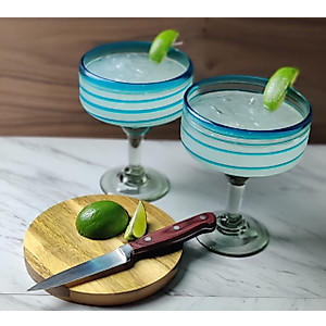 Mexican Hand Blown Glass – Set of 4 Hand Blown Margarita Glasses (16 oz) with Aqua Spiral Design