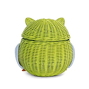 G6 COLLECTION Owl Rattan Storage Basket With Lid Decorative Bin Home Decor Hand Woven Shelf Organizer Cute Handmade Handcrafted Nursery Gift Animal Decoration Artwork Wicker Hoot Owl (Large, Green)