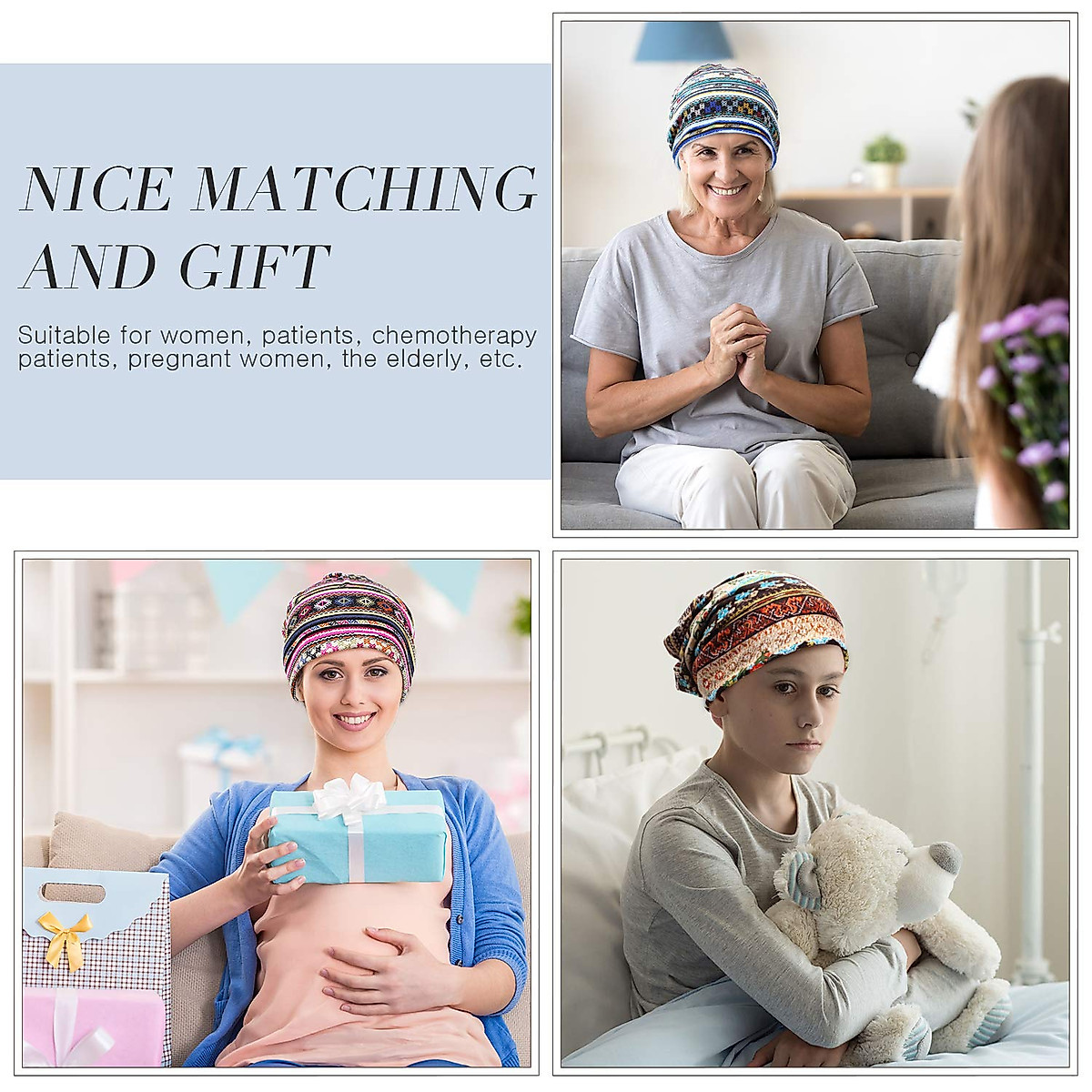 5 Pieces Women's Slouchy Beanie Hat Stretch Turban Hats Cancer Headwear Caps Baggy Skull Sleep Scarf (Striped Style) Multicoloured