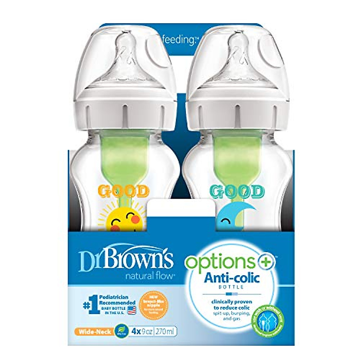 Dr. Brown’s Natural Flow® Anti-Colic Options+™ Wide Baby Bottles, 9 oz/270ml, with Level 1 Slow Flow Nipple, 4 Pack Good Morning/Good Night Gift Set