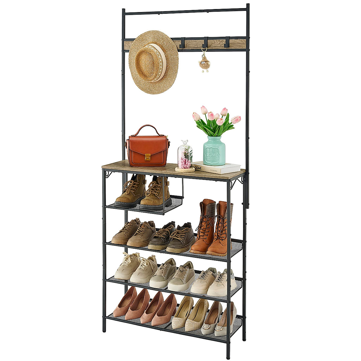 Hoctieon 5-Tier Hall Tree with Shoe Rack, Hall Trees for Entryway with Storage, Hall Tree with Bench and Shoe Storage, Mesh Slant, Greige