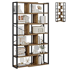 HITHOS Industrial 7-Tier Rotating Bookshelf, Double Wide Bookcase, Open Etagere Bookcase, Wood Corner Shelf with Metal Frame, Tall Storage Display Rack for Home Office, Living Room, Rustic Brown