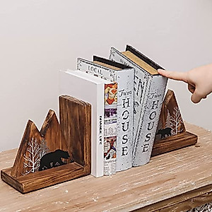 NIKKY HOME Heavy Duty Non Slip Rustic Woodland Mountain Wooden Bookend Cute Bear Book Ends Book Stoppers for Cabin Decor Home and Office Shelves Kids Children