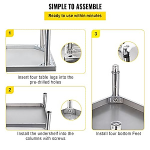 VEVOR Stainless Steel Prep Table, 36 x 24 x 35 Inch, 440lbs Load Capacity Heavy Duty Metal Worktable with Backsplash and Adjustable Undershelf, Commercial Workstation for Kitchen Restaurant