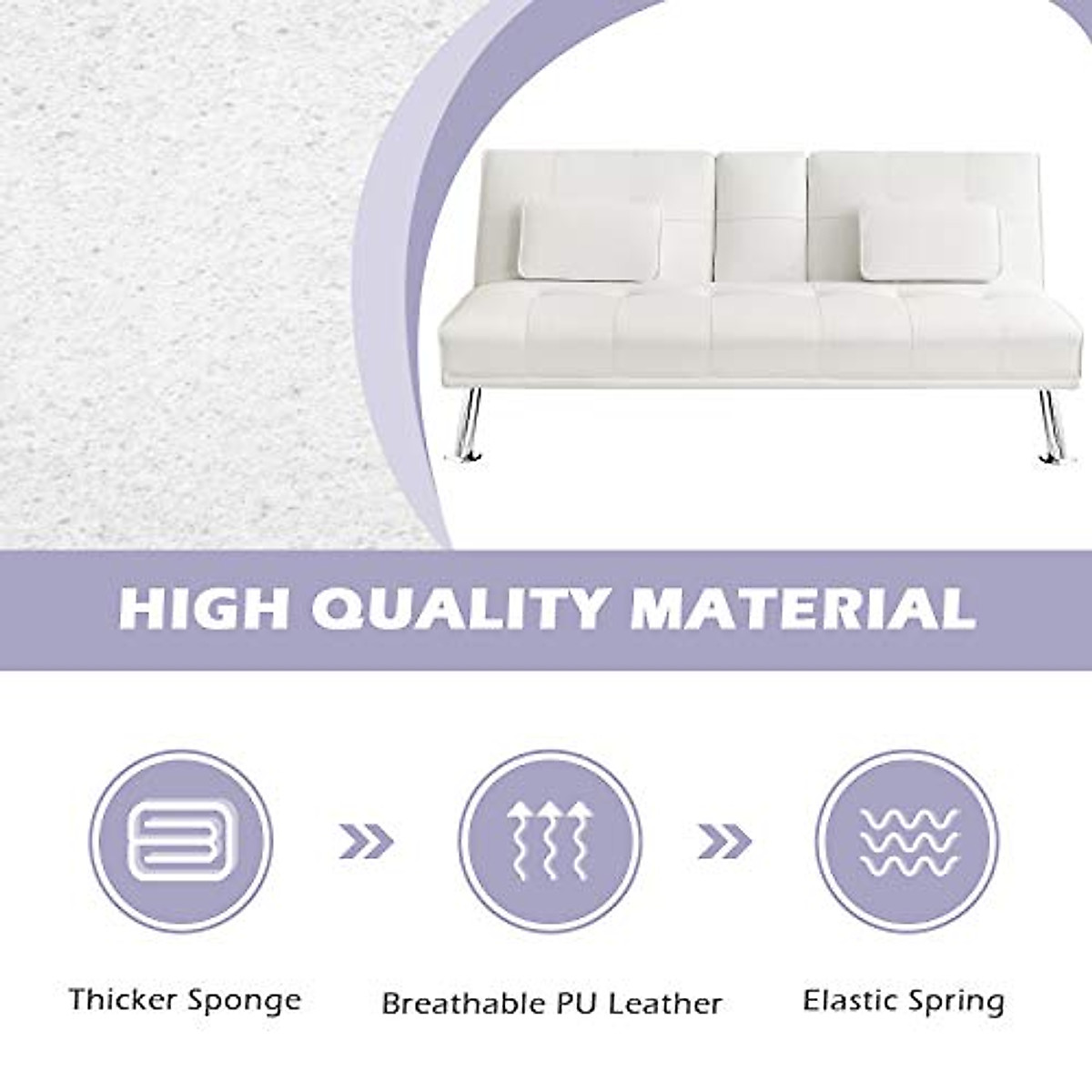 Giantex Convertible Futon Sofa Bed, Faux Leather Sectional Couch Sleeper, Removable Armrests 2 Cup Holders Backrest Adjustable, Upholstered Small Guest Bed for Apartment Living Room White