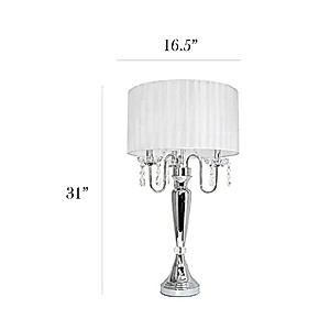 Elegant Designs LT1034-WHT Trendy Sheer Table Lamp with Hanging Crystals and Sheer Shade, White