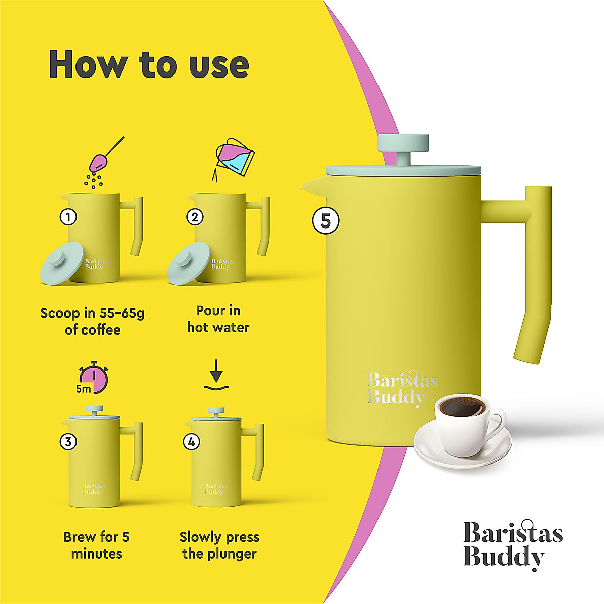BaristasBuddy Yellow French Press Coffee Maker - Colorful, Retro And Stylish Insulated Coffee Brewer - Large Size Brews 4 Cups
