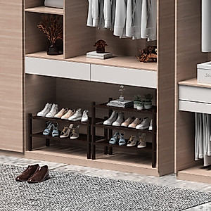 ROMGUAR CRAFT 2 Tier (Thick) Bamboo Shoe Rack for Closet Free Standing Wood Shoe Shelf for Entryway Small Space Stackable 27"x12"x14" (Black Brown)