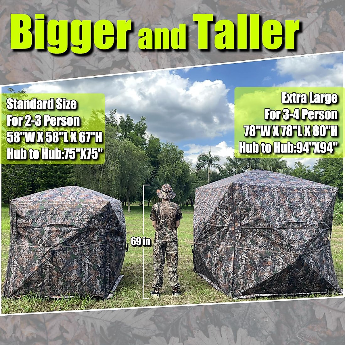 LUCKUNTER 360 Degree See Through Hunting Blind Extra Large Tall (78X78X80 inch) 2/3/4 Person Ground Camouflage Pop Up Hunting Blind for Turkey Deer Hunting