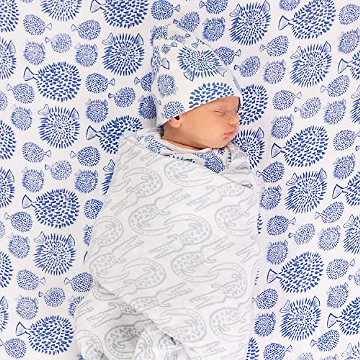 Lewis Crib Sheet | Soft & Breathable Fitted Sheet | Standard Crib Toddler Mattress for Boys & Girls | 100% Muslin Cotton for Sensitive Skin | Unisex Newborn Essential | Blowfish Pattern Marine